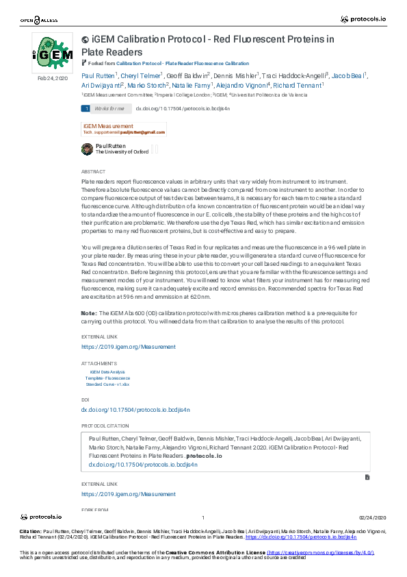 (PDF) iGEM Calibration Protocol - Red Fluorescent Proteins in Plate Readers v1 (protocols.io ...