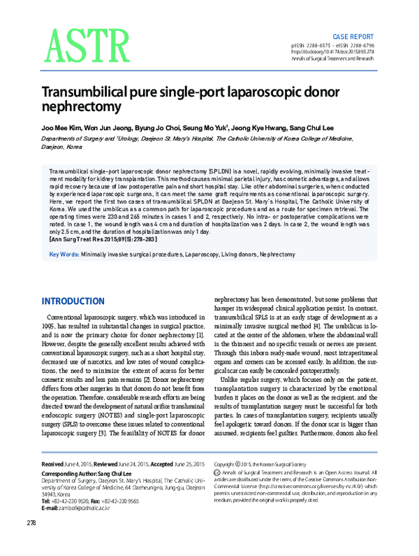 (PDF) Transumbilical pure single-port laparoscopic donor nephrectomy