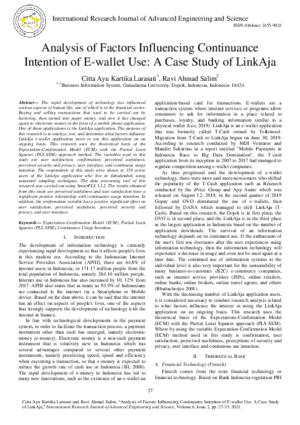 (PDF) Analysis of Factors Influencing Continuance Intention of E-wallet Use: A Case Study of LinkAja