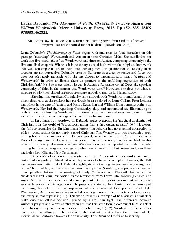(PDF) Laura Dabundo, The Marriage of Faith: Christianity in Jane Austen ...