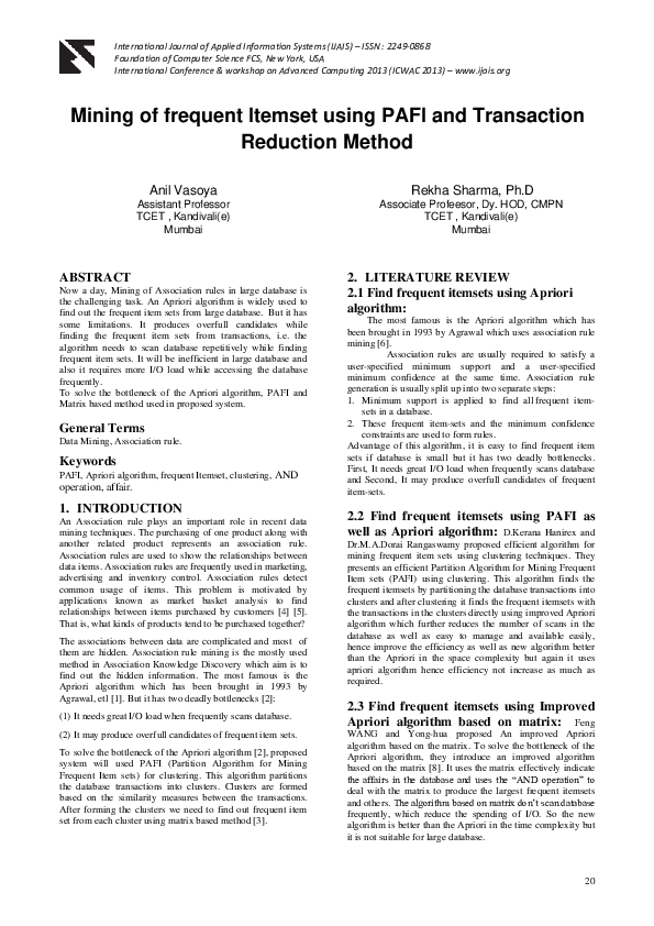 (PDF) Mining of frequent Itemset using PAFI and Transaction Reduction Method