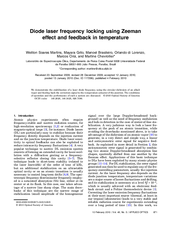 (PDF) Diode laser frequency locking using Zeeman effect and feedback in temperature