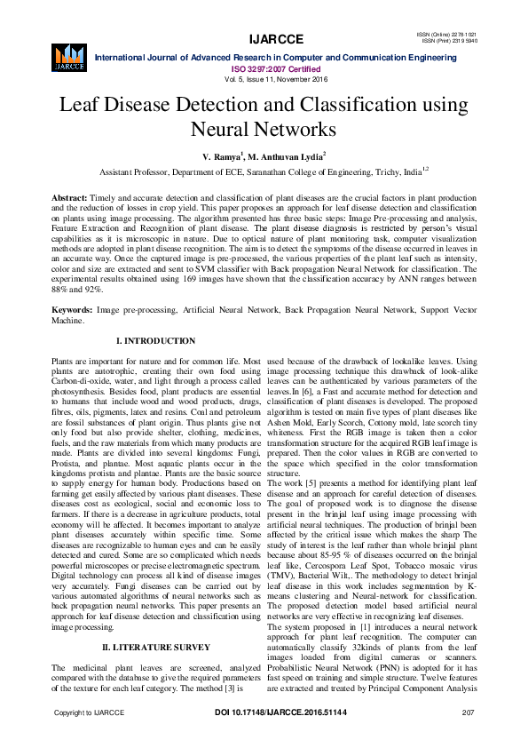 (PDF) IJARCCE Leaf Disease Detection and Classification using Neural Networks