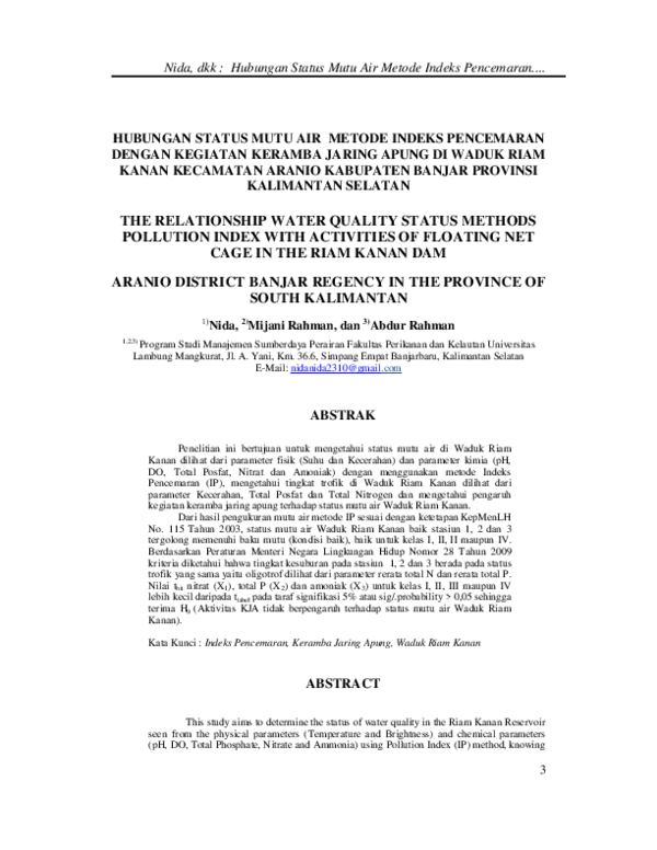 (PDF) The Relationship Water Quality Status Methods Pollution Index ...