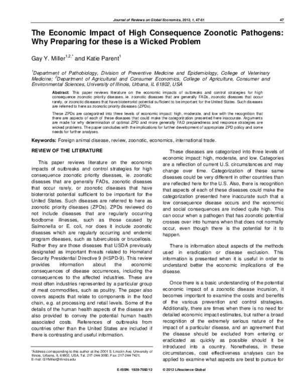 (PDF) The Economic Impact of High Consequence Zoonotic Pathogens: Why ...