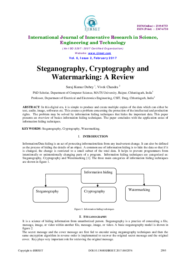 (PDF) Steganography, Cryptography and Watermarking: A Review