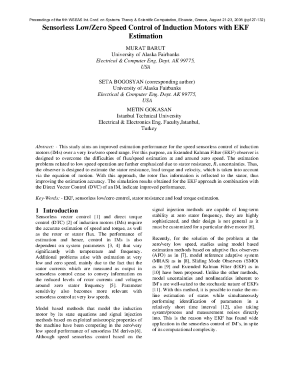 Pdf Sensorless Low Zero Speed Control Of Induction Motors With Ekf Estimation