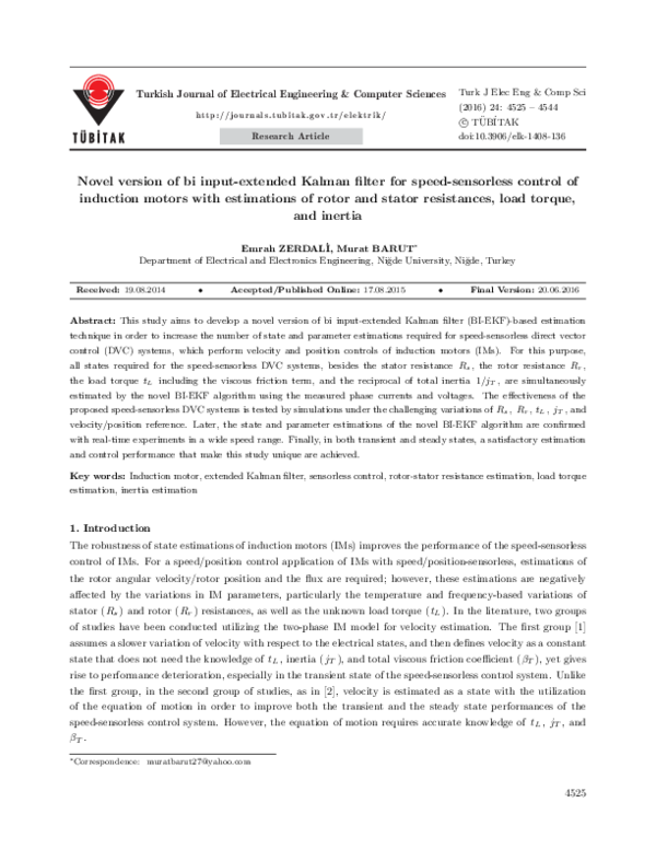 Pdf Novel Version Of Bi Input Extended Kalman Filter For Speed Sensorless Control Of Induction