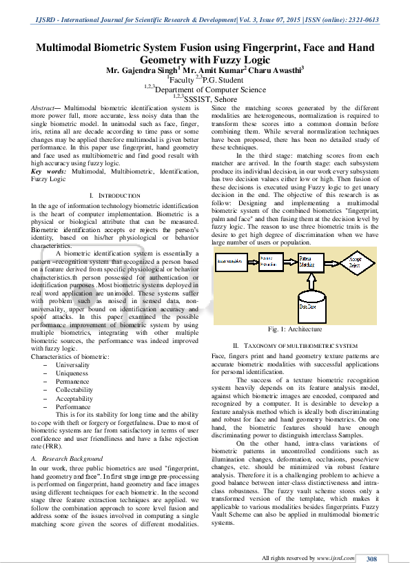 Pdf Multimodal Biometric System Fusion Using Fingerprint Face And Hand Geometry With Fuzzy