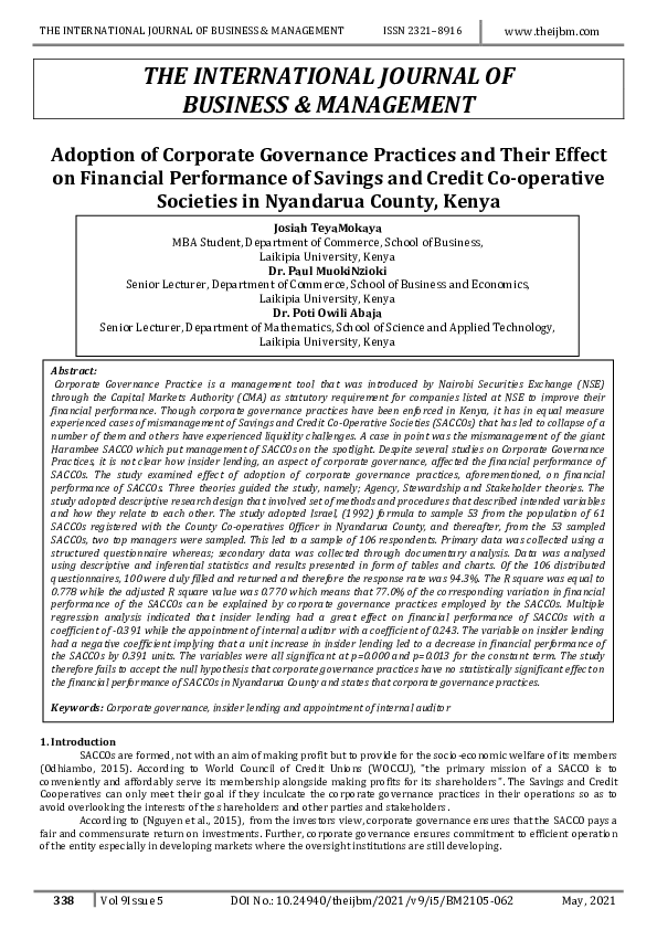 (PDF) Adoption of Corporate Governance Practices and Their Effect on Financial Performance of ...