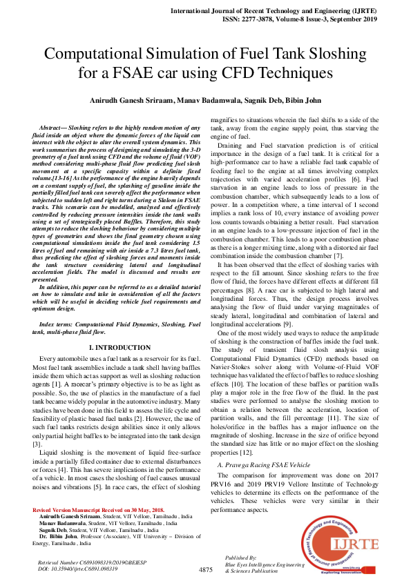 Pdf Computational Simulation Of Fuel Tank Sloshing Using Cfd Techniques