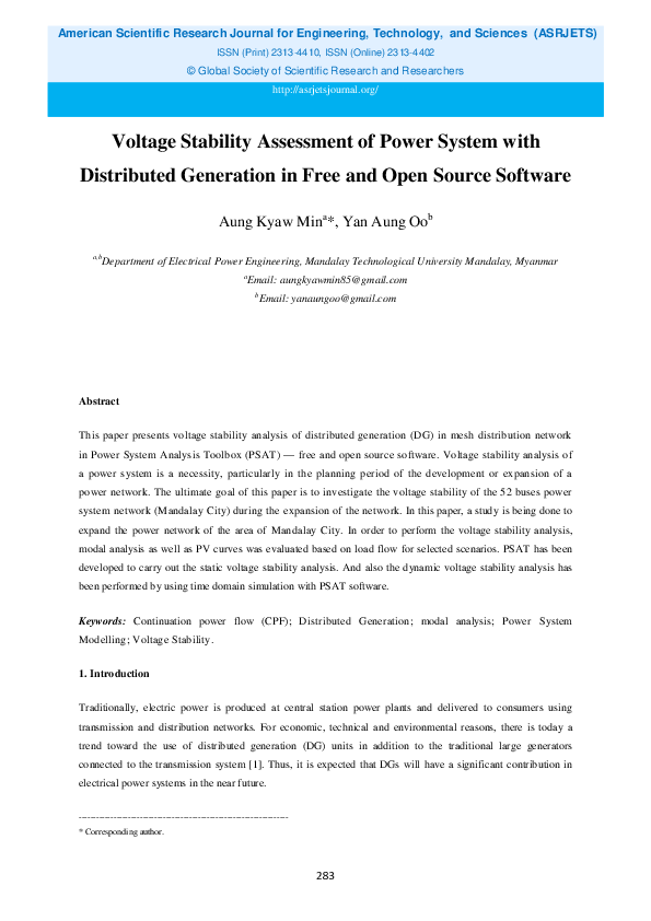 (PDF) Voltage Stability Assessment of Power System with Distributed Generation in Free and Open ...