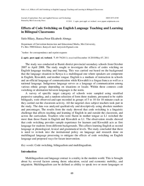 (PDF) Effects of Code Switching on English Language Teaching and Learning in Bilingual Classrooms