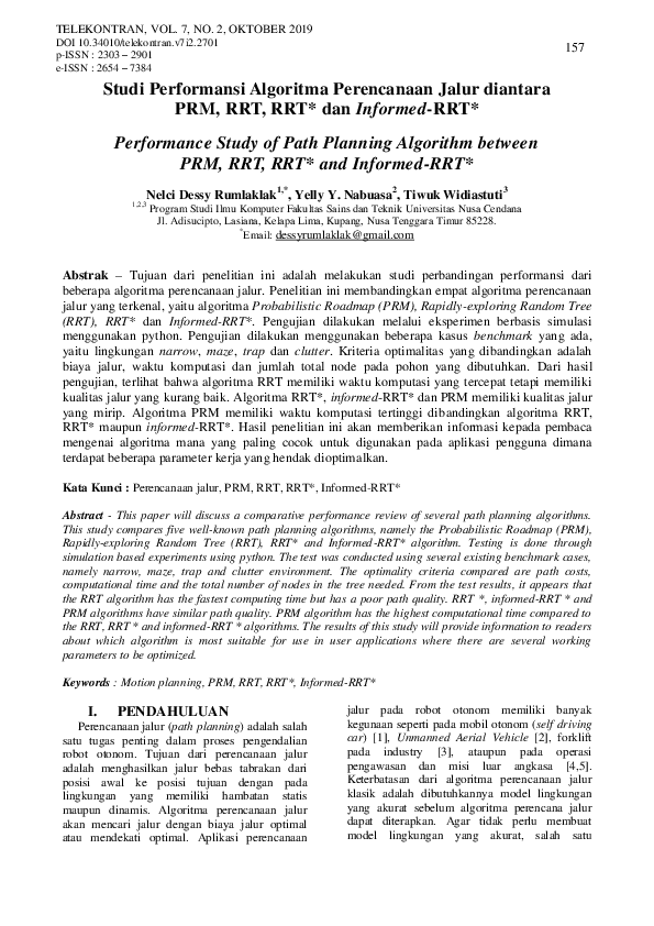 (PDF) Studi Performansi Algoritma Perencanaan Jalur diantara PRM, RRT, RRT* dan Informed-RRT