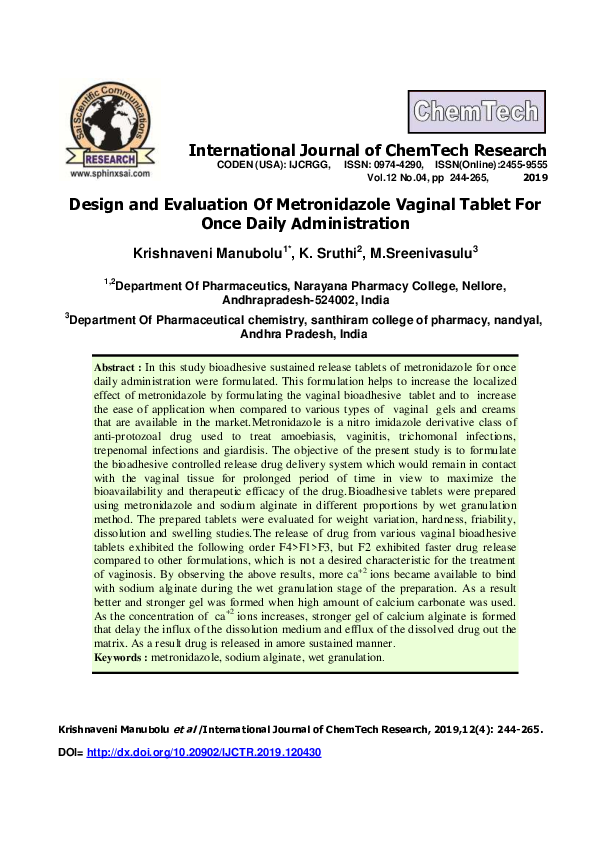 Pdf Design And Evaluation Of Metronidazole Vaginal Tablet For Once Daily Administration