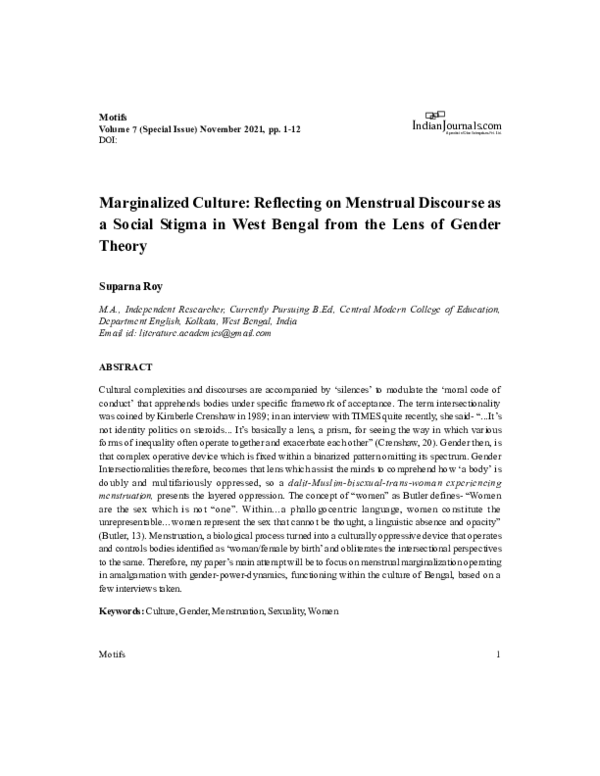 (PDF) Marginalized Culture: Reflecting on Menstrual Discourse as a ...