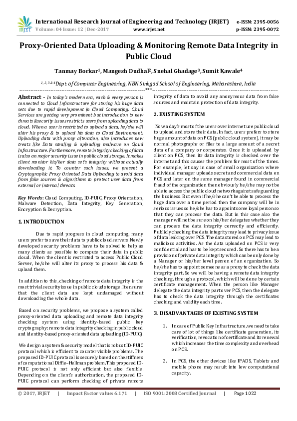 Pdf Proxy Oriented Data Uploading And Monitoring Remote Data Integrity In Public Cloud