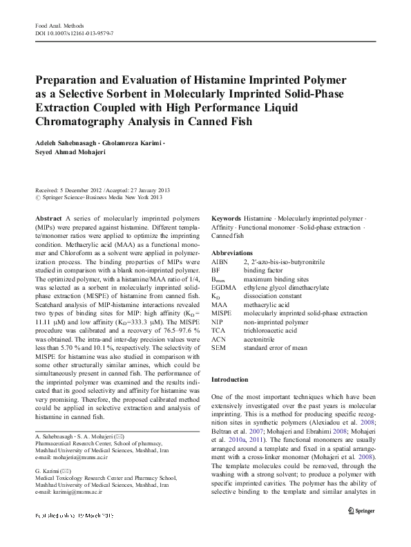 (PDF) Preparation and Evaluation of Histamine Imprinted Polymer as a Selective Sorbent in ...