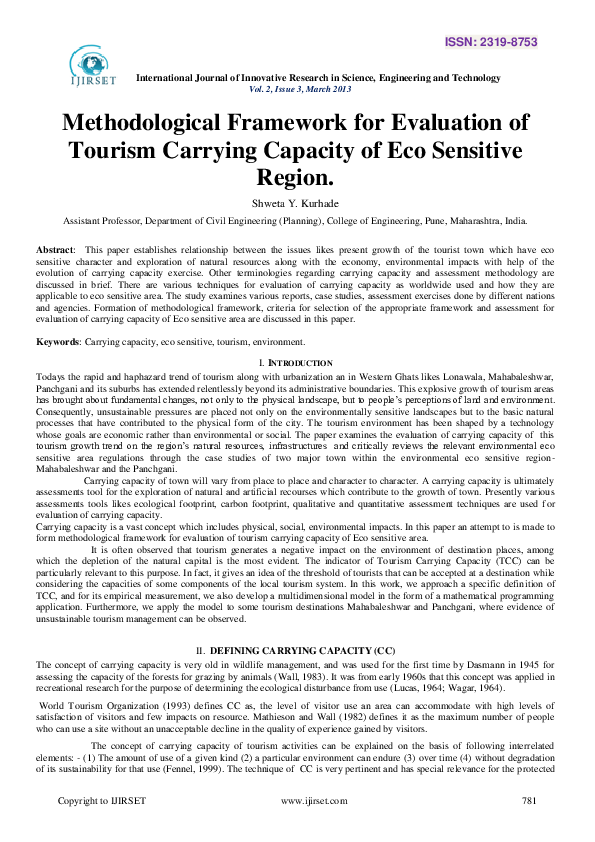 (PDF) Methodological Framework for Evaluation ofTourism Carrying Capacity of Eco SensitiveRegion