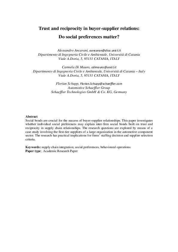 (PDF) Trust and reciprocity in buyer-supplier relations : Do social ...