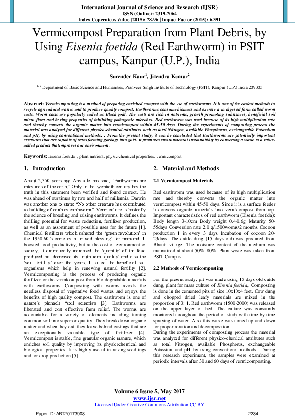 (PDF) Vermicompost Preparation from Plant Debris , by Using Eisenia ...