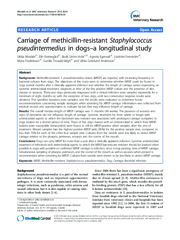 (PDF) Carriage of methicillin-resistant Staphylococcus pseudintermedius ...