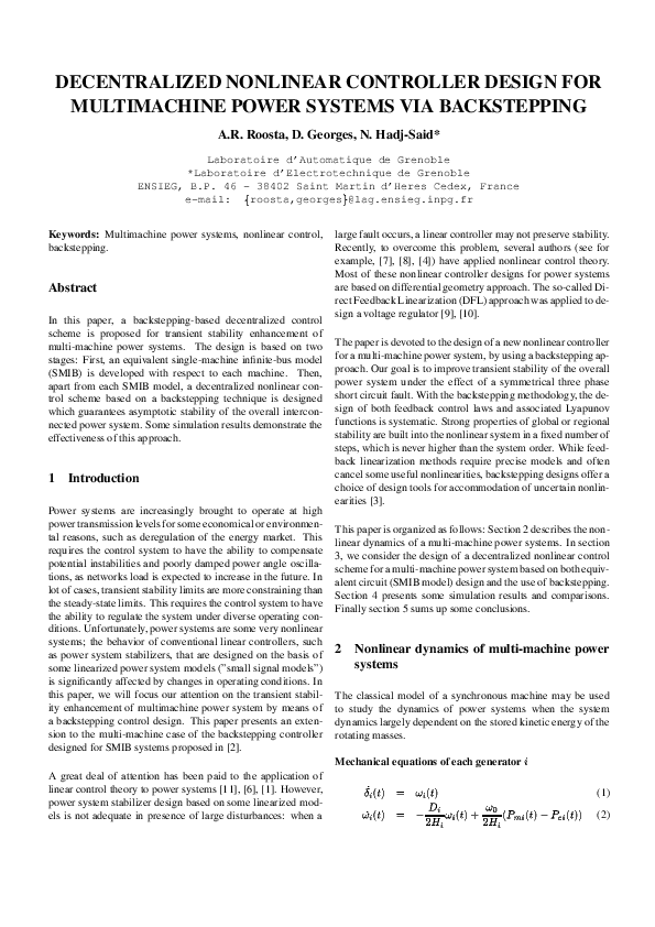(PDF) Backstepping Control for Multimachine Power Systems