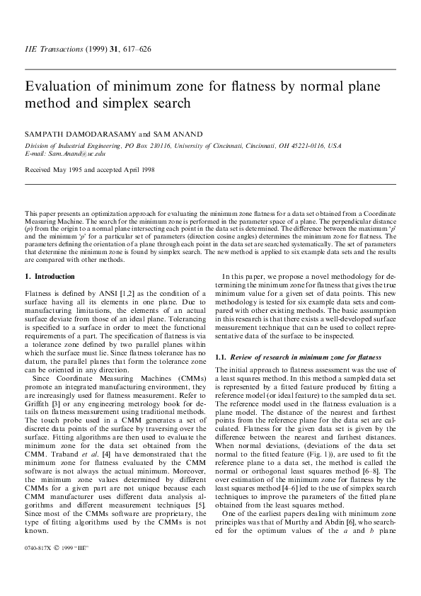 Pdf Evaluation Of Minimum Zone For Flatness By Normal Plane Method And Simplex Search