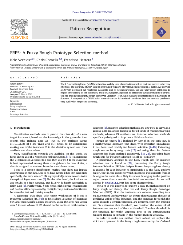 (PDF) FRPS: A Fuzzy Rough Prototype Selection method