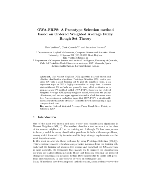 Pdf Owa Frps A Prototype Selection Method Based On Ordered Weighted Average Fuzzy Rough Set