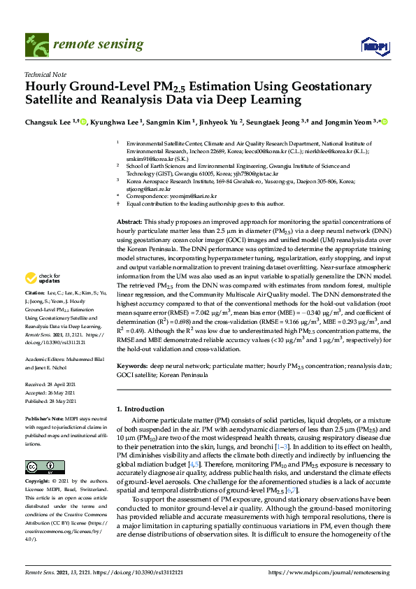 Pdf Hourly Ground Level Pm2 5 Estimation Using Geostationary Satellite And Reanalysis Data Via