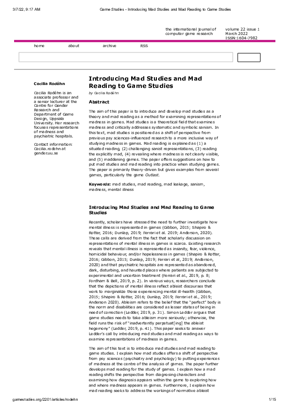 (PDF) Introducing Mad Studies and Mad Reading to Game Studies