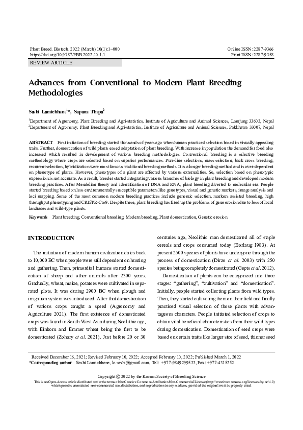 (PDF) Advances from Conventional to Modern Plant Breeding Methodologies