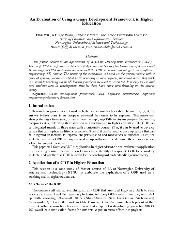 Pdf An Evaluation Of Using A Game Development Framework In Higher