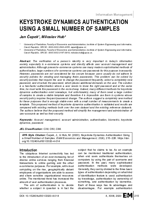 (PDF) Keystroke Dynamics Authentication Using a Small Number of Samples