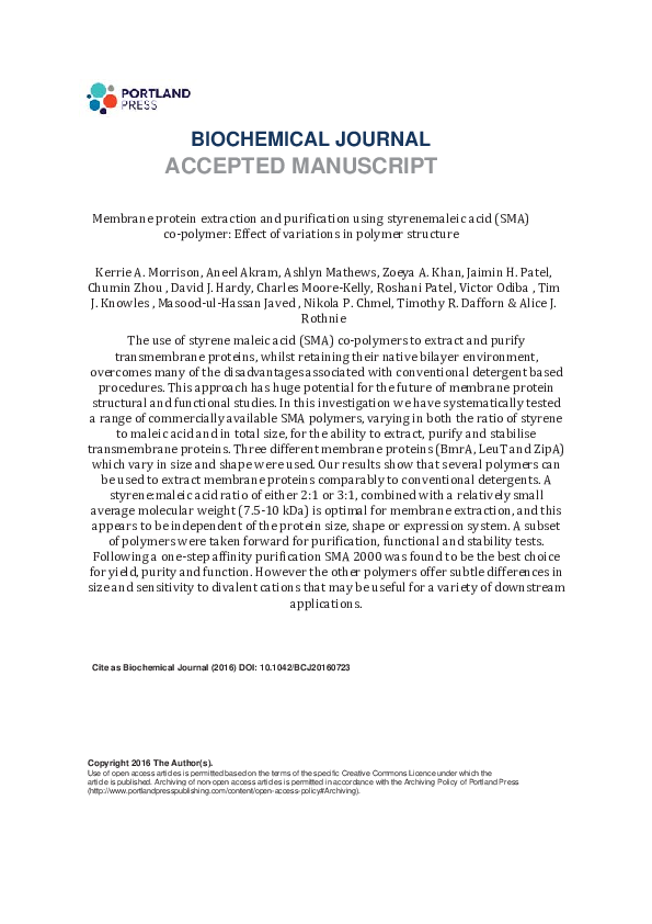 (PDF) Membrane protein extraction and purification using styrene-maleic ...
