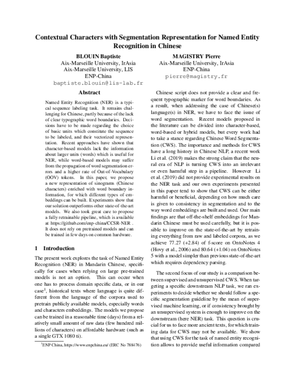 Pdf Contextual Characters With Segmentation Representation For Named
