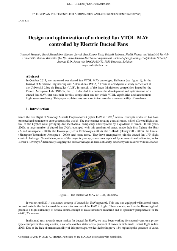 (PDF) Design and optimization of a ducted fan VTOL MAV controlled by Electric Ducted Fans