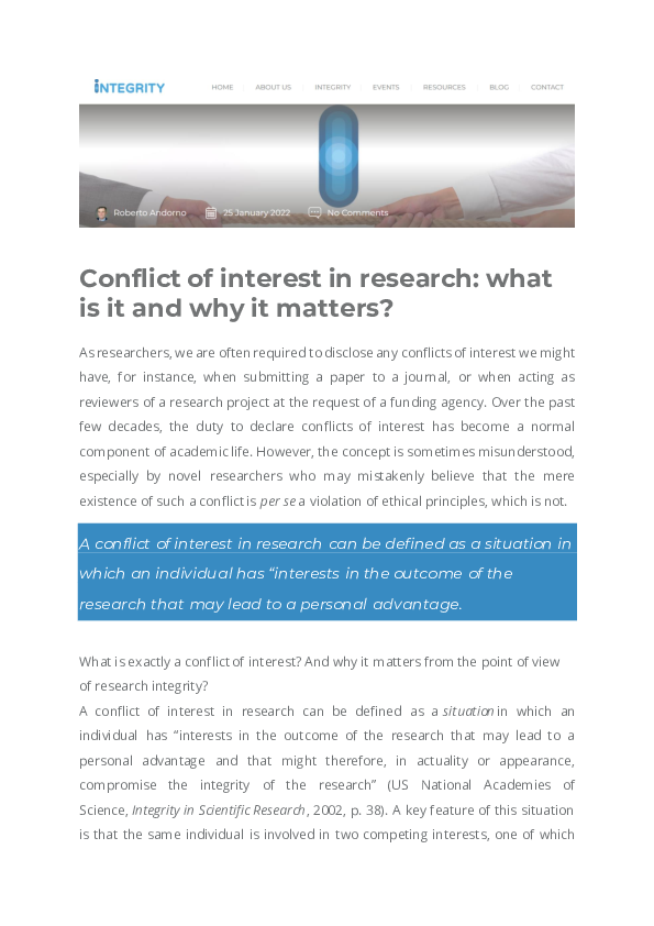 (PDF) Conflict of interest in research: what is it and why it matters?