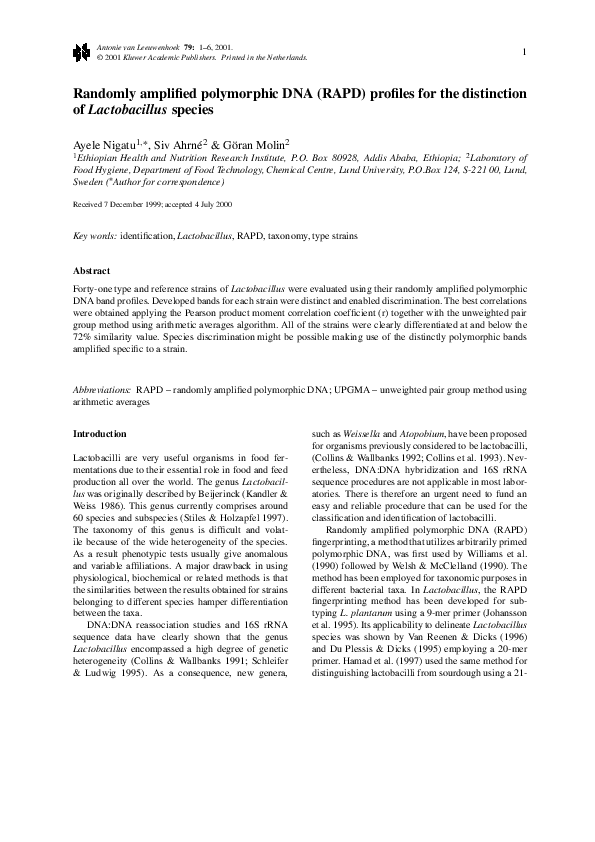 (PDF) Randomly amplified polymorphic DNA (RAPD) profiles for the ...