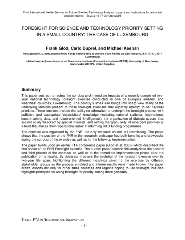 (PDF) Foresight for science and technology priority setting in a small ...