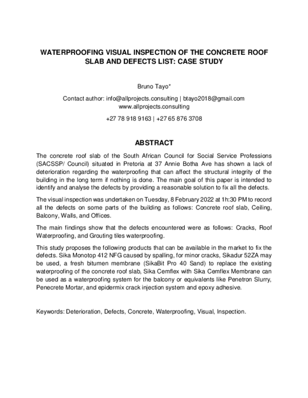 (PDF) WATERPROOFING VISUAL INSPECTION OF THE CONCRETE ROOF SLAB AND ...