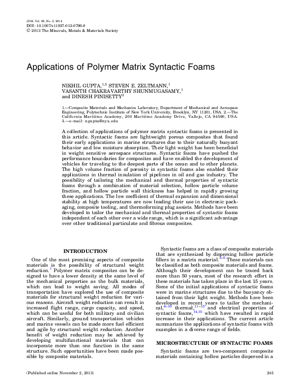 (PDF) Applications of Polymer Matrix Syntactic Foams
