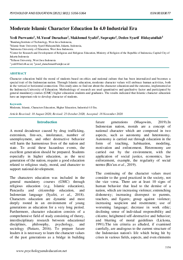 (PDF) Moderate Islamic Character Education In 4.0 Industrial Era