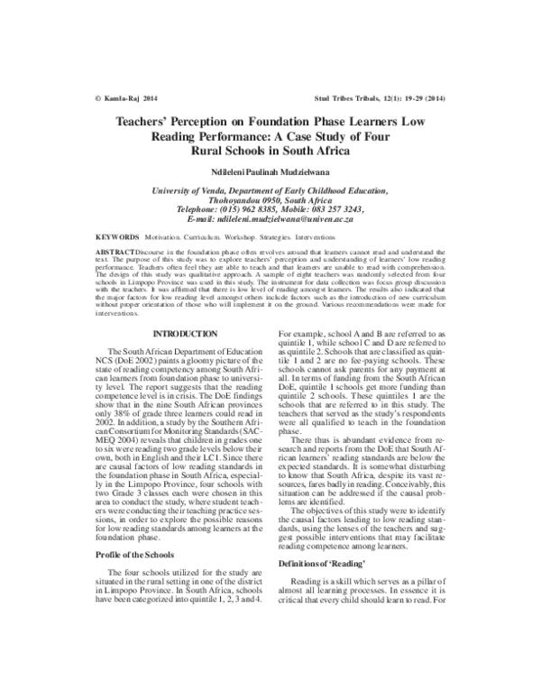 (PDF) Teachers’ Perception on Foundation Phase Learners Low Reading ...