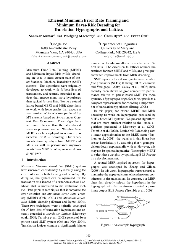 Pdf Efficient Minimum Error Rate Training And Minimum Bayes Risk Decoding For Translation
