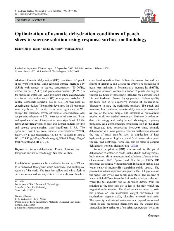 (PDF) Optimization of osmotic dehydration conditions of peach slices in sucrose solution using ...