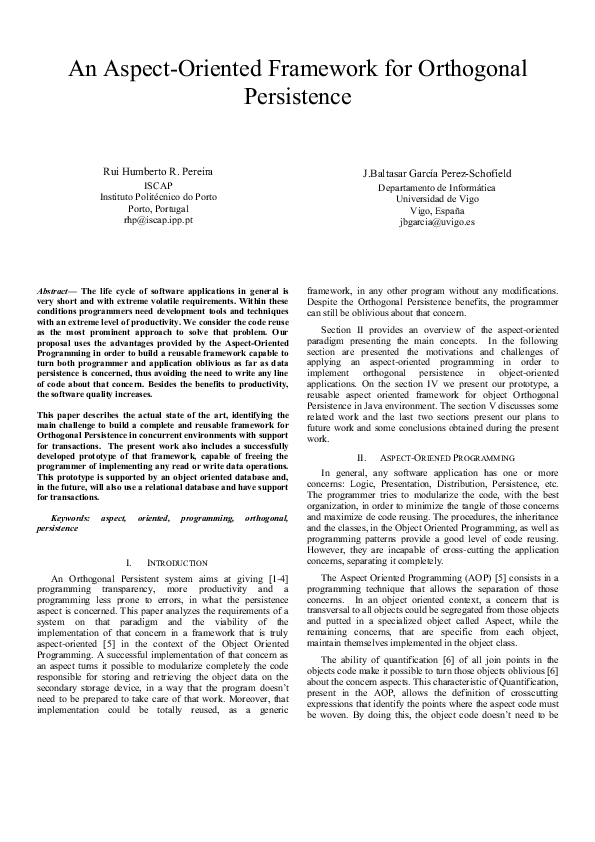 Pdf An Aspect Oriented Framework For Orthogonal Persistence