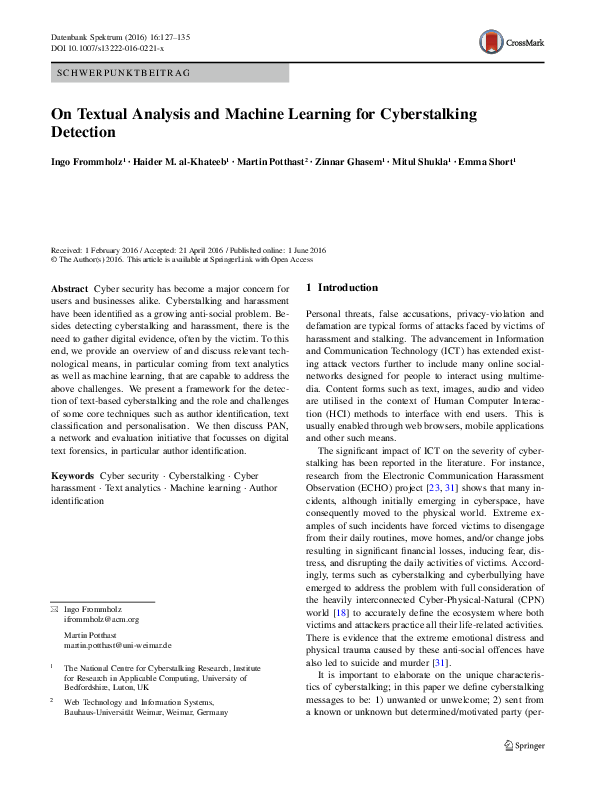 (PDF) On Textual Analysis and Machine Learning for Cyberstalking Detection