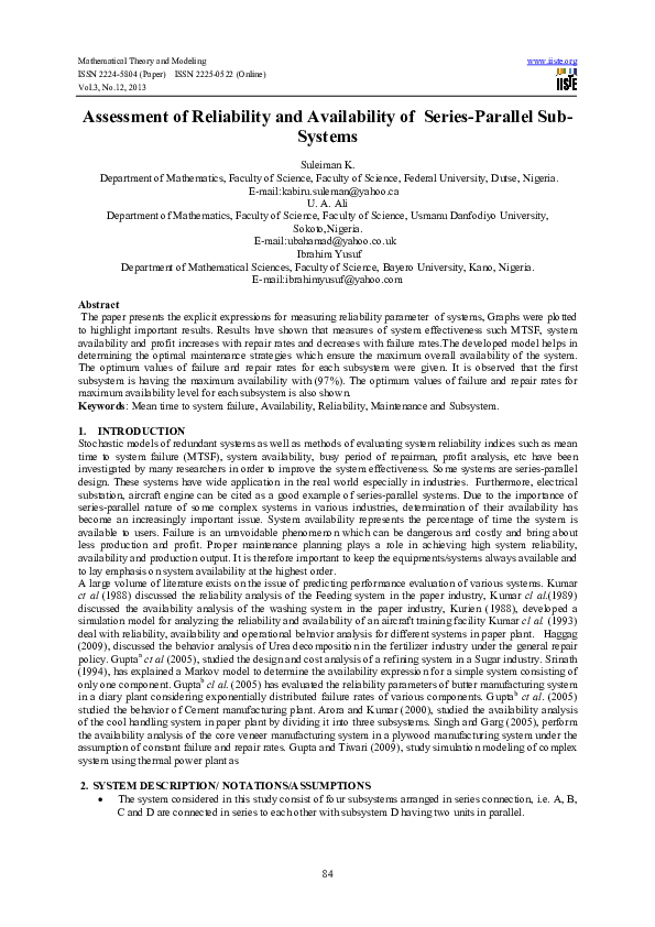 (PDF) Assessment of Reliability and Availability of Series-Parallel Sub- Systems
